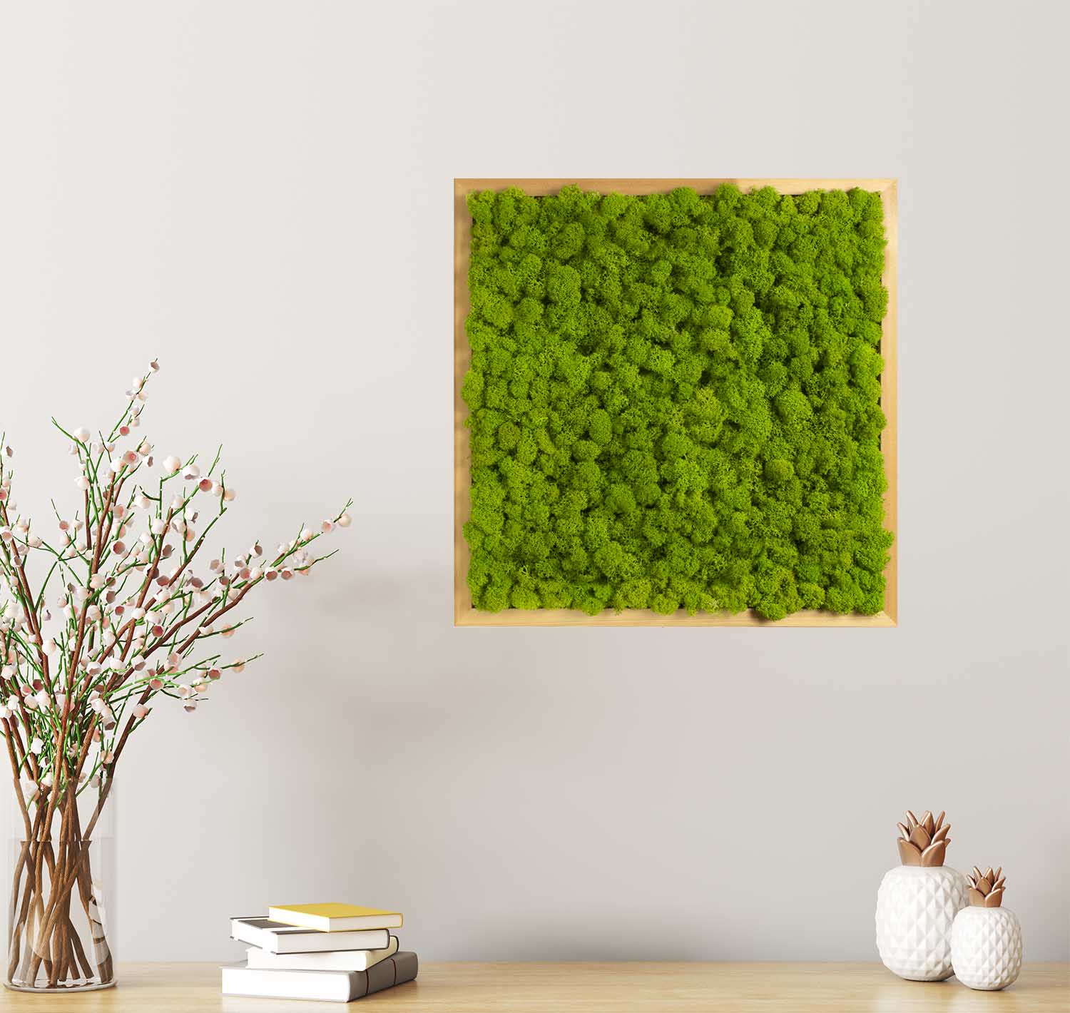 Moosbild mit Islandmoos | 35 x 35 cm | Apfelgrün | Tischlerrahmen aus geölter Lärche | 3001972-7000