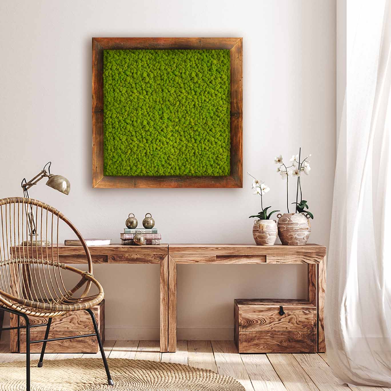 Moosbild mit Islandmoos | 80 x 80 cm | Apfelgrün | Altholzrahmen ...